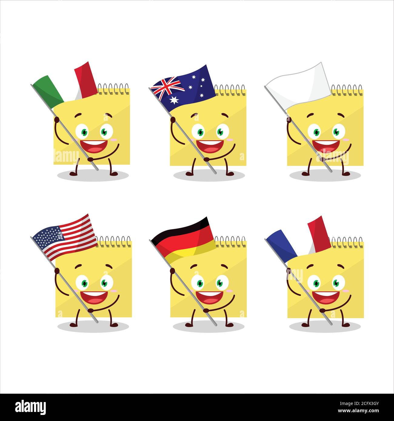 Spiral square yellow notebooks cartoon character bring the flags of ...