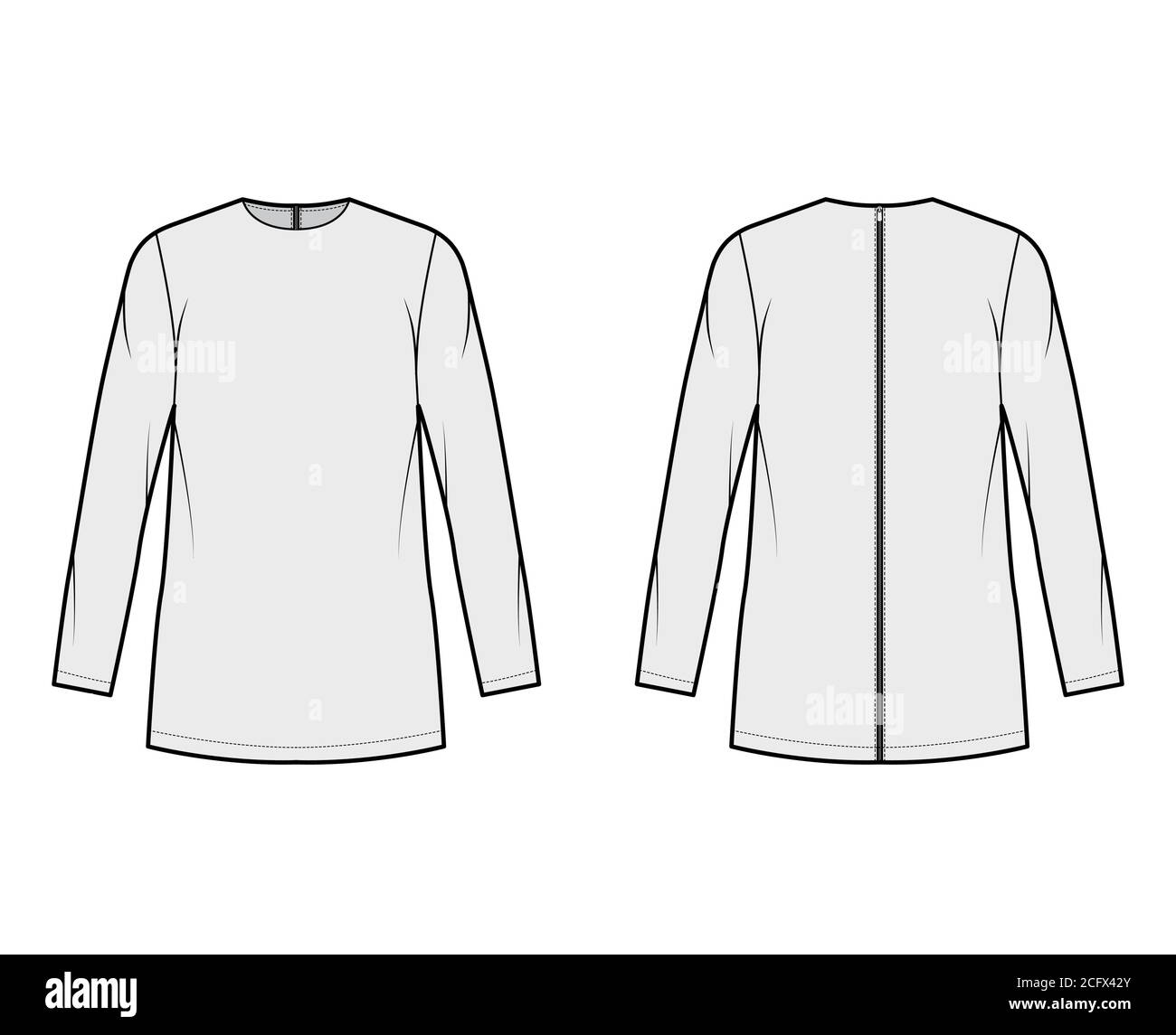 Cady tunic technical fashion illustration with crew neckline, long ...