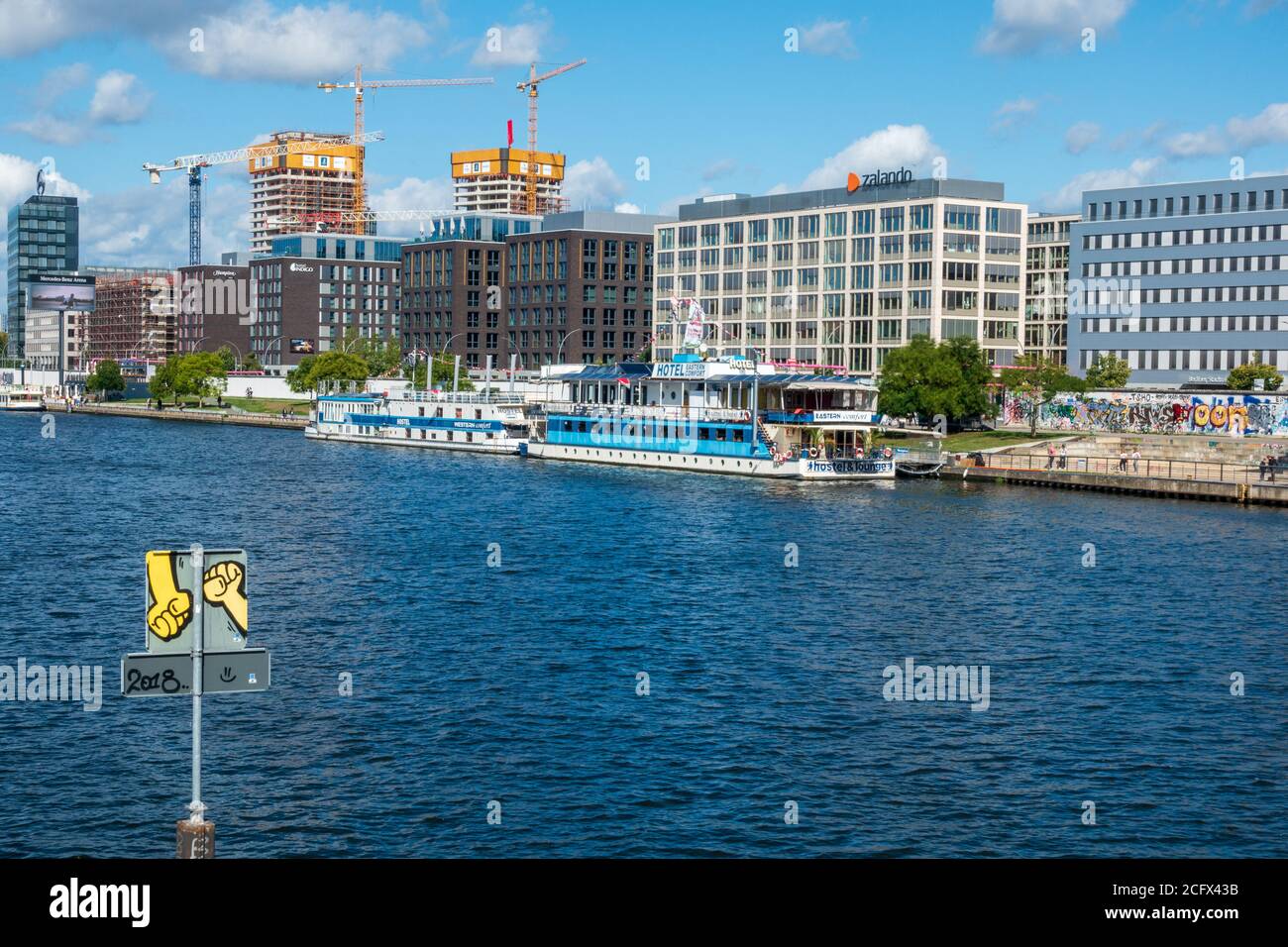 New buildings along Spree river bank in eastern Berlin district of ...