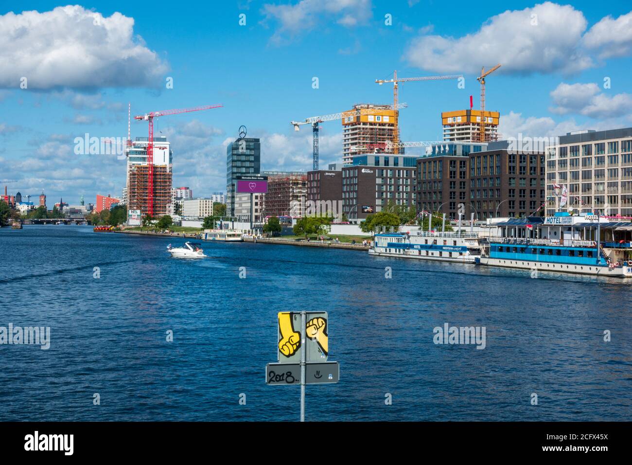 New buildings along Spree river bank in eastern Berlin district of ...