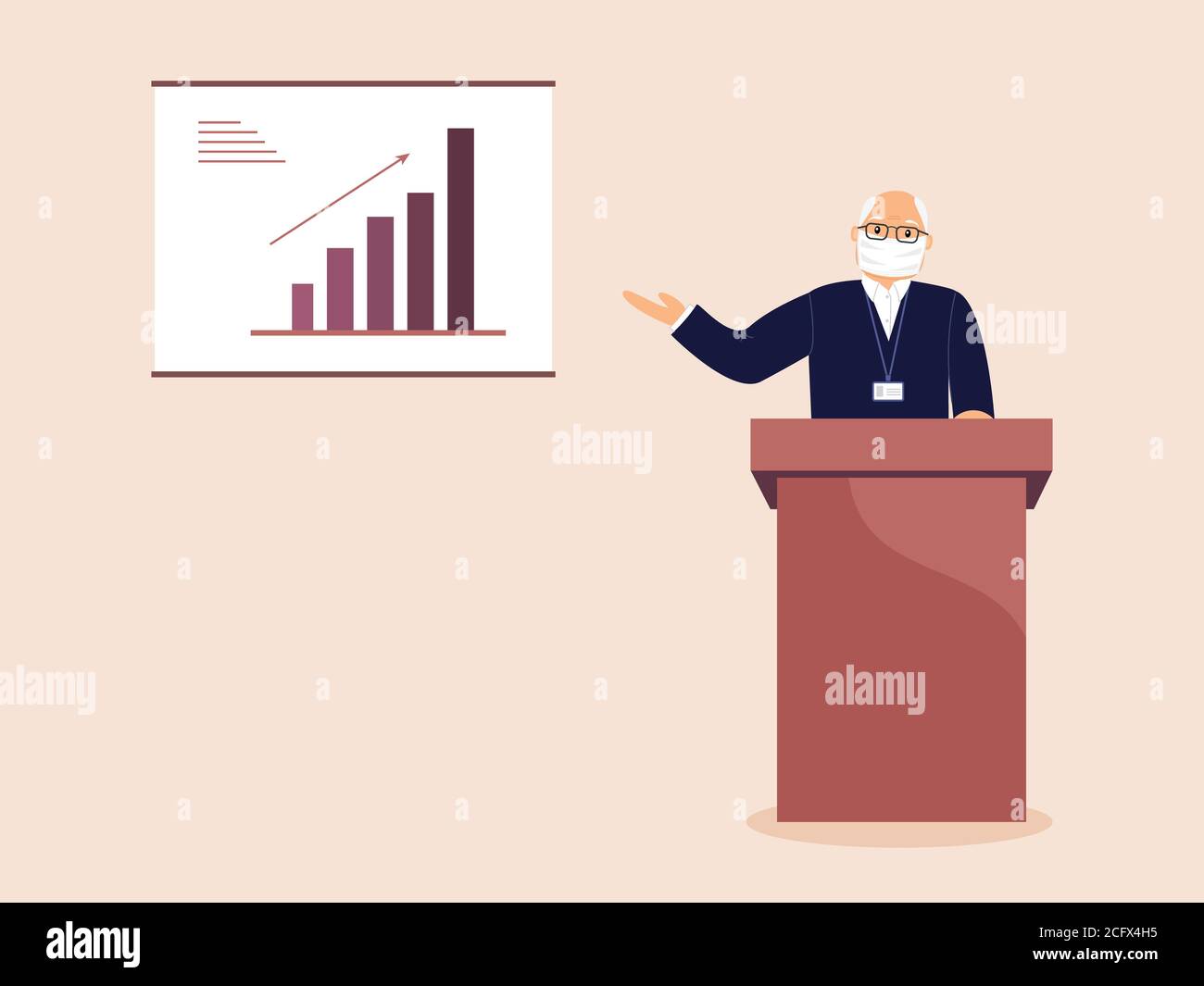 Speaker in protective face mask behind lectern make report and points ...