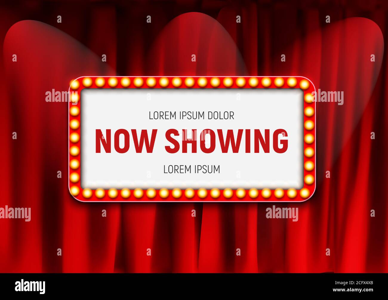 Now Showing announcement board with bulb frame on curtains background ...