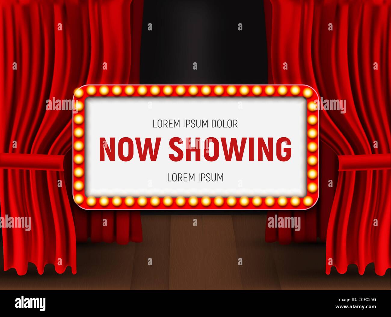 Now Showing announcement board with bulb frame on curtains background ...