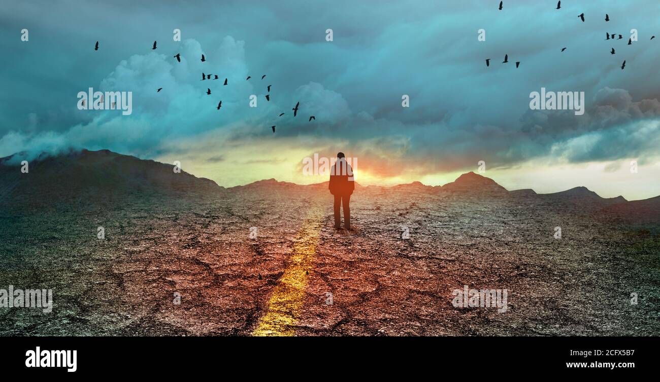 silhouette of a man on the road, concept of uncertainty and obscurity ...