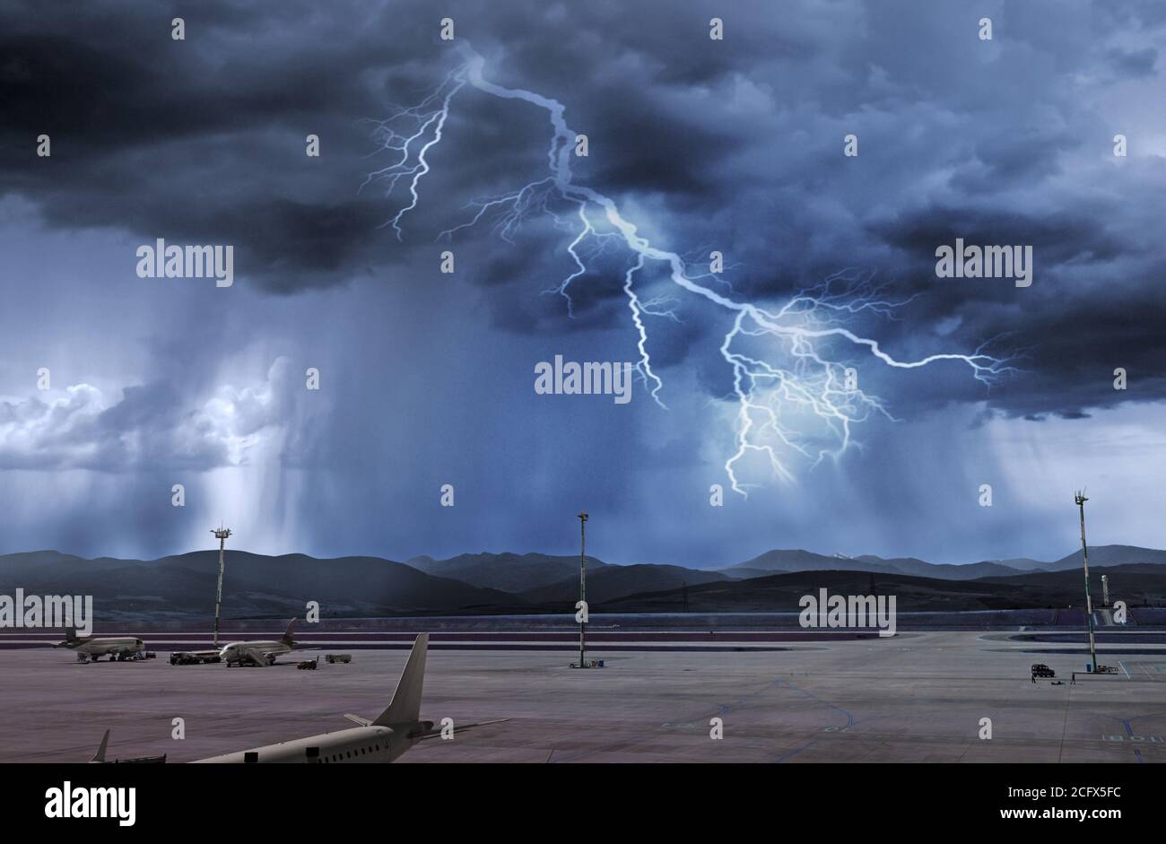 bad weather and storm with lightning bolt at airport Stock Photo - Alamy