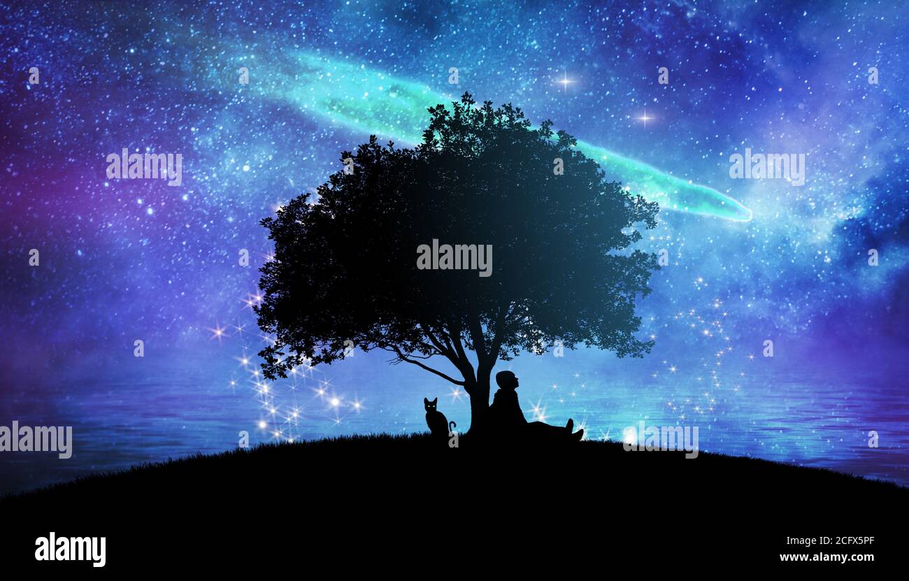 Girl watching the stars in night sky fantasy landscape illustration ...