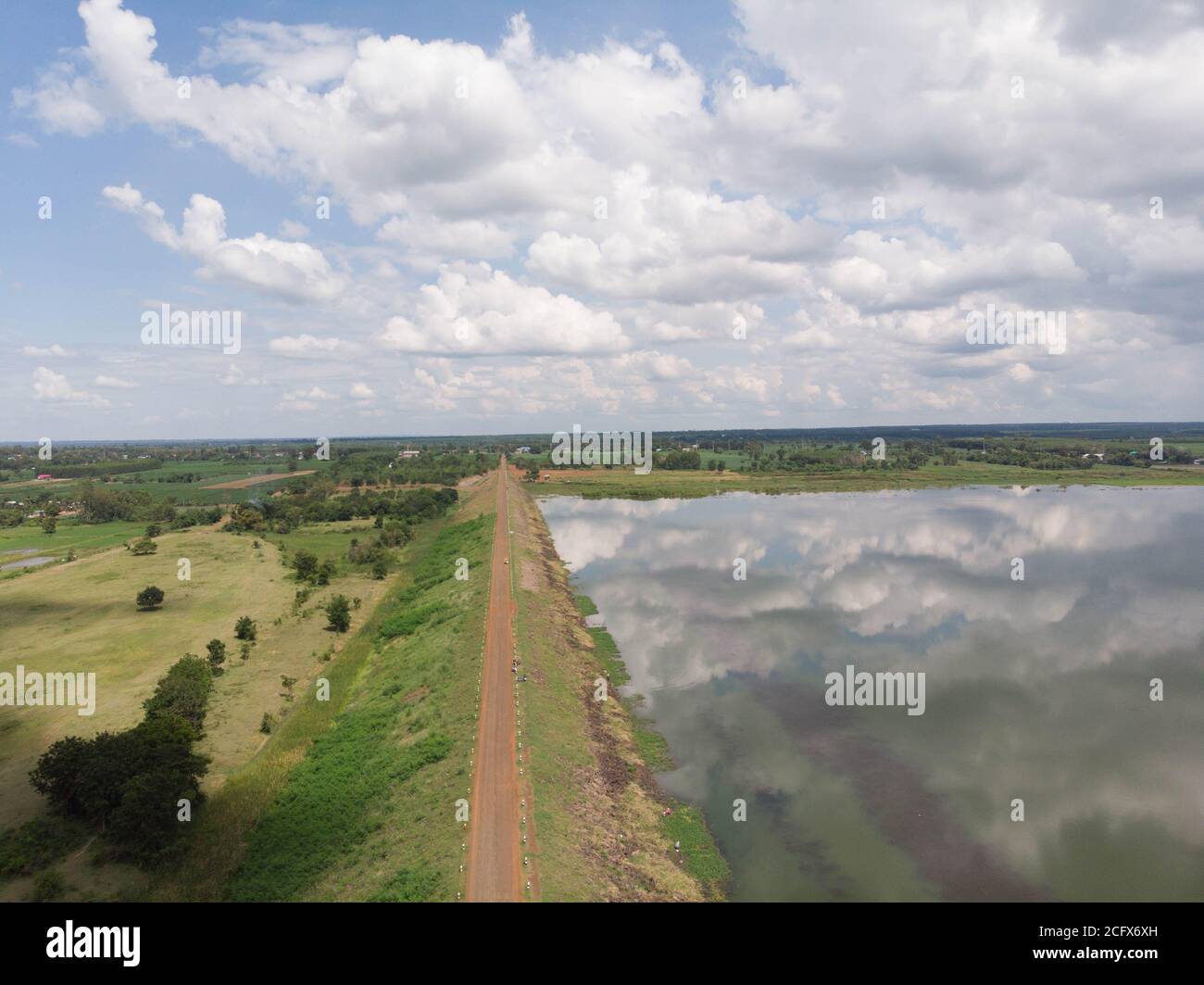 Drone shot aerial view scenic landscape of river reservoir dam and the ...