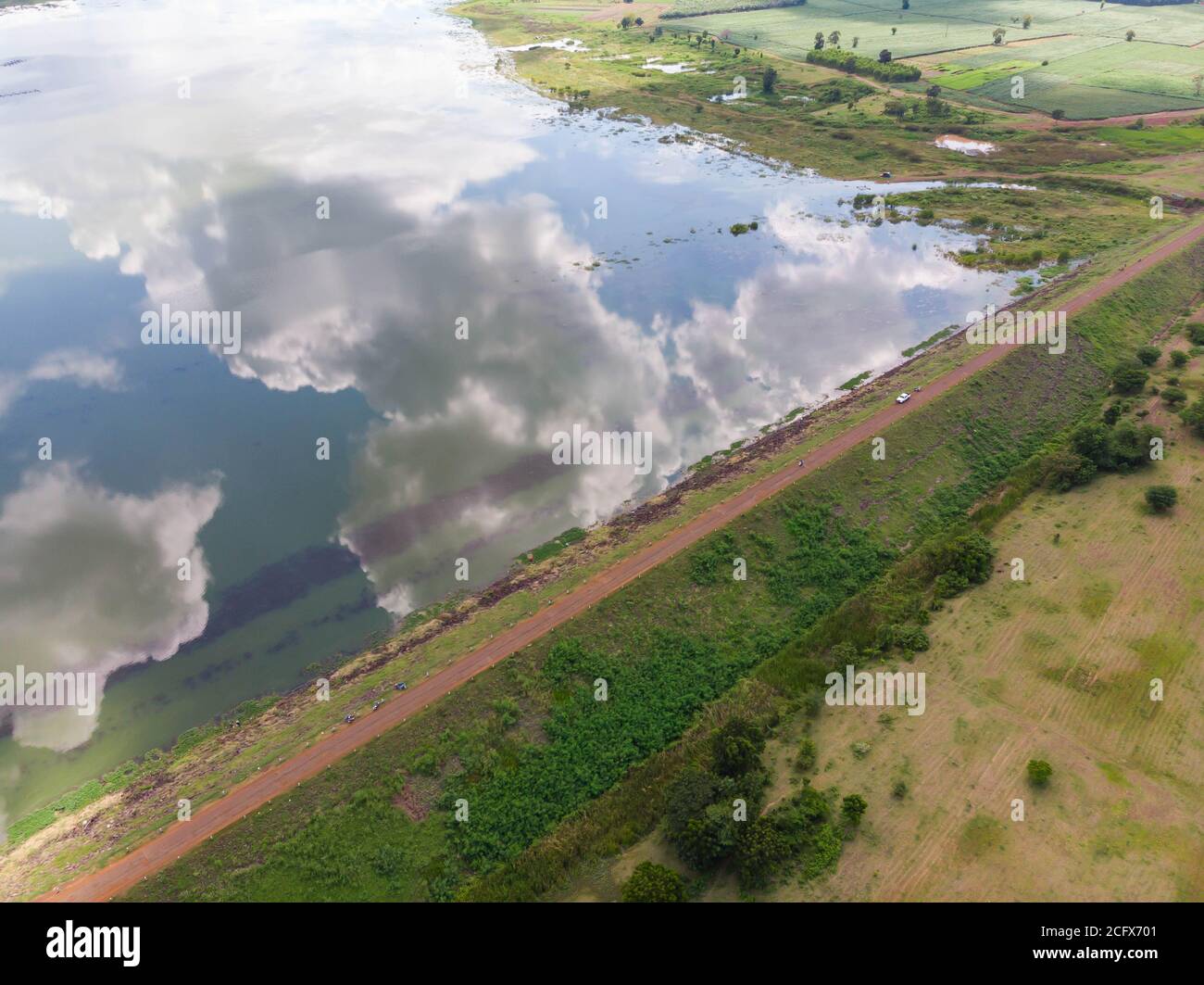 Drone shot aerial view scenic landscape of river reservoir dam and the ...