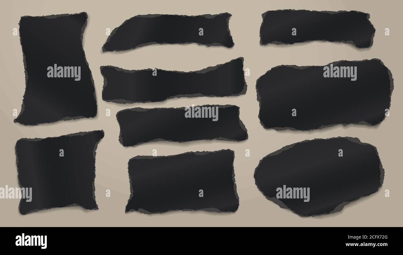 Set of torn black note, notebook paper pieces stuck on dark background ...