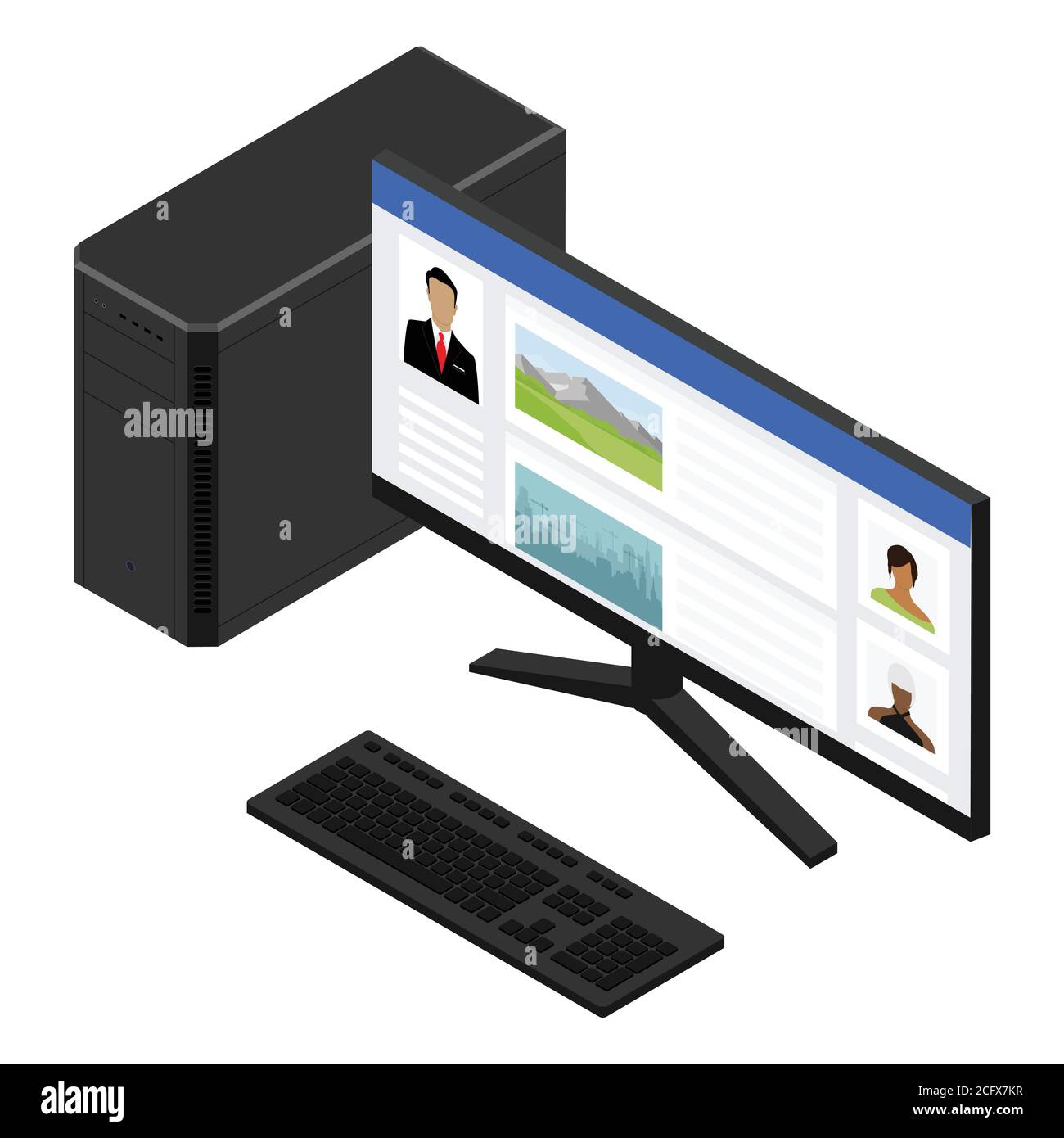 Computer using for social media concept isometric view isolated on ...