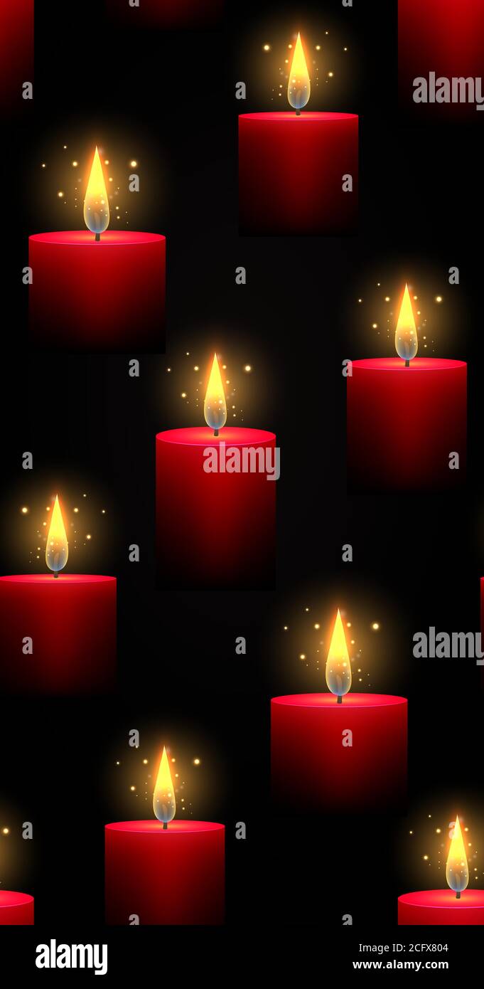 Seamless dark texture with burning red candles and sparks. Vector ...