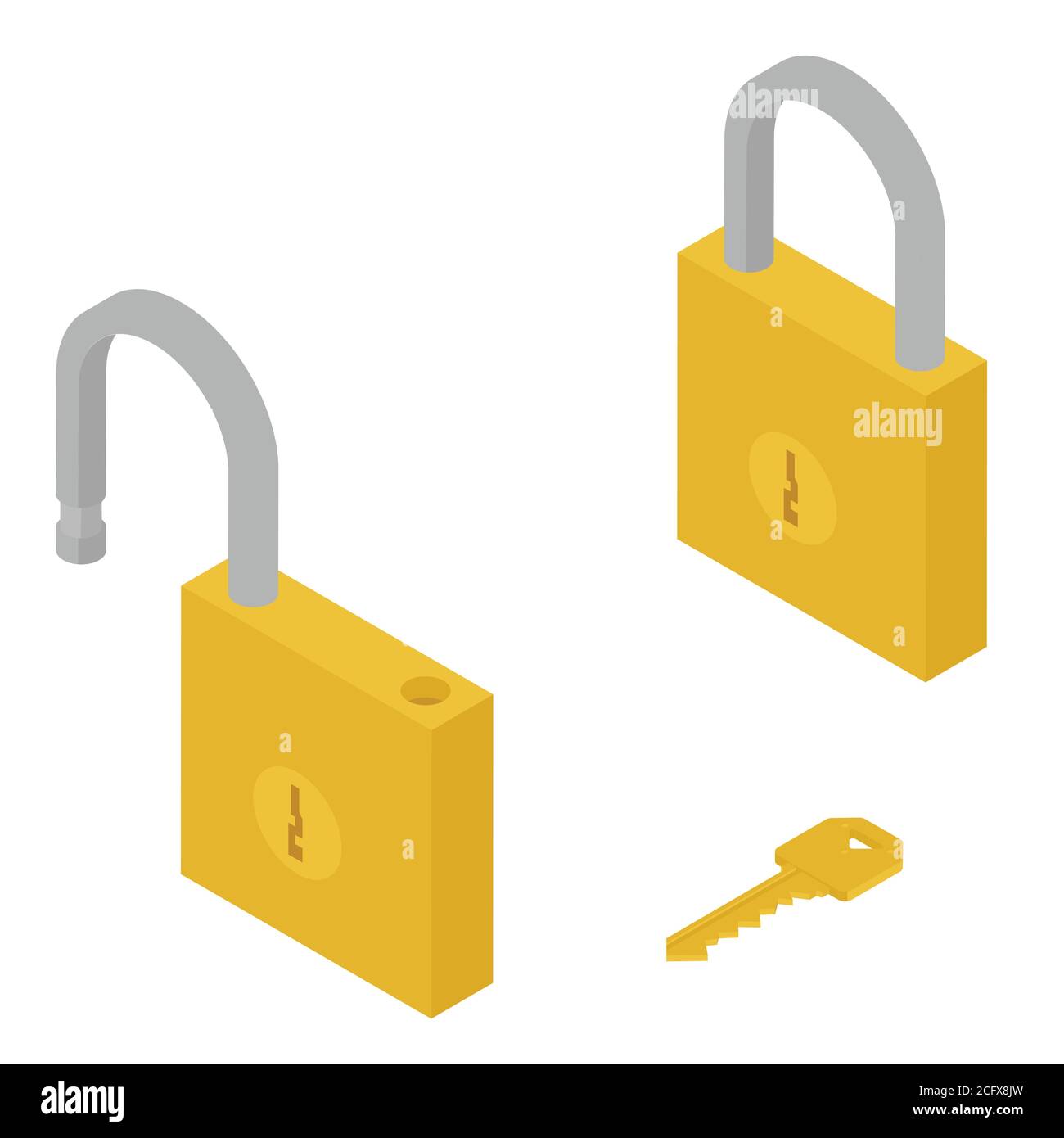 Golden locked and unlocked padlock and key isometric view isolated on ...