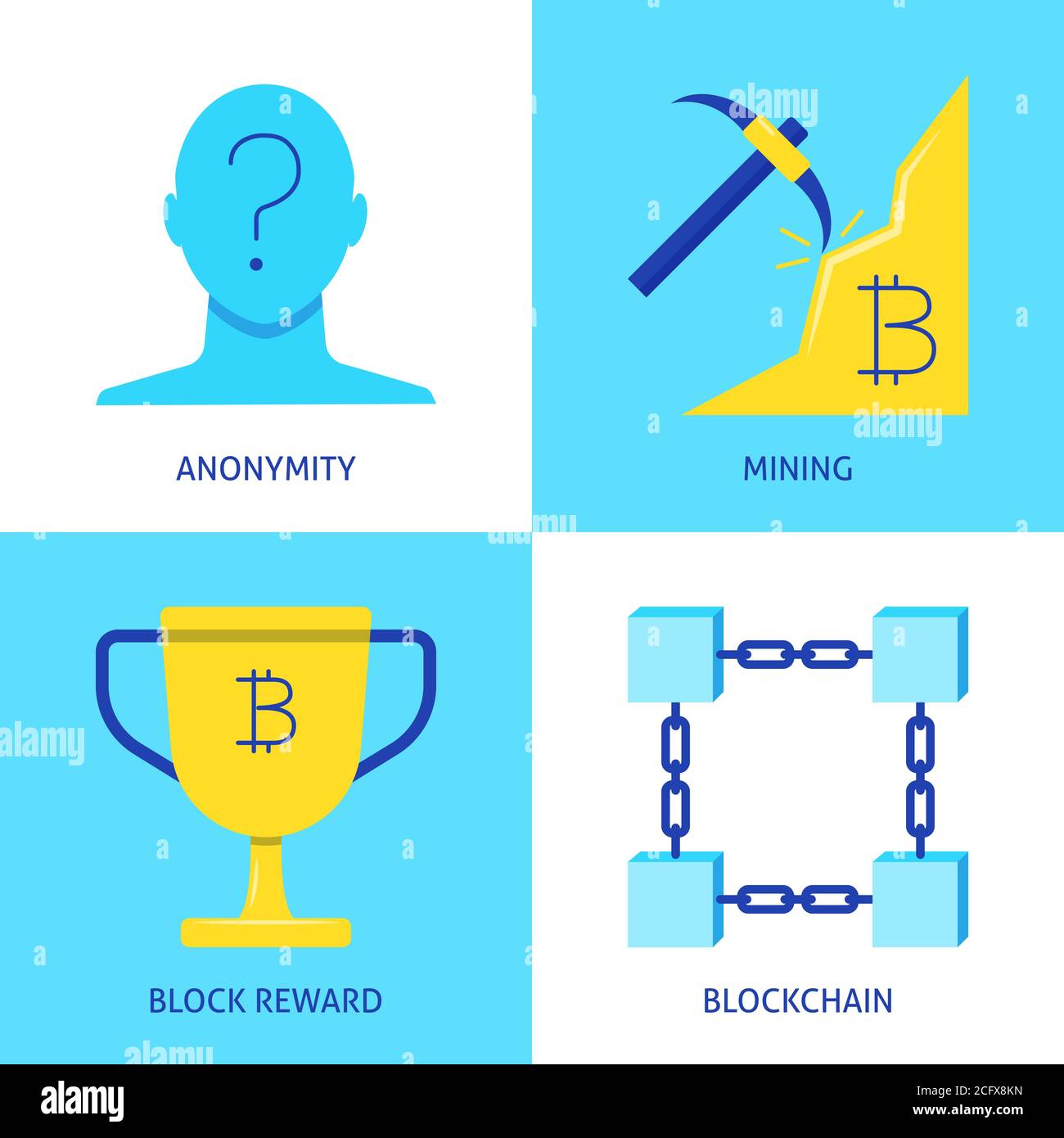 Cryptocurrency icon set in flat style. Bitcoin mining, block reward, blockchain and anonymity ...