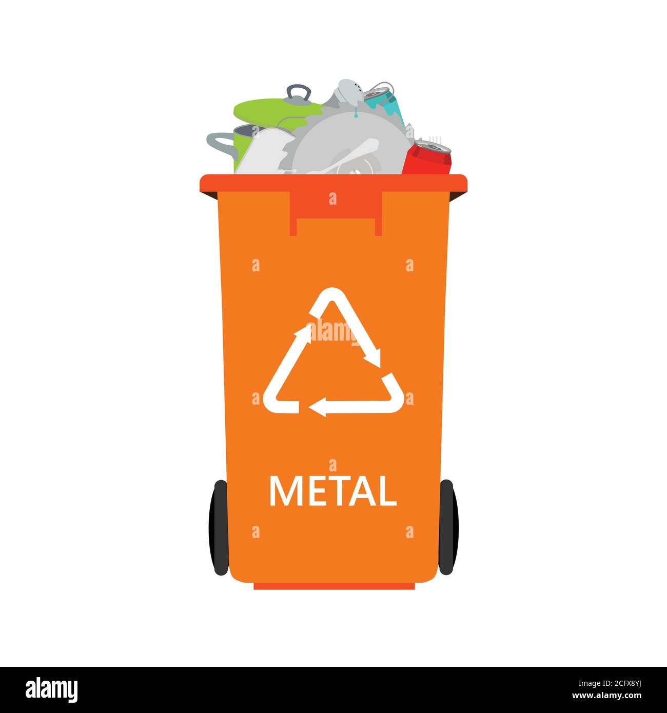 Orange can with sorted metal garbage vector icon. Recycling garbage ...