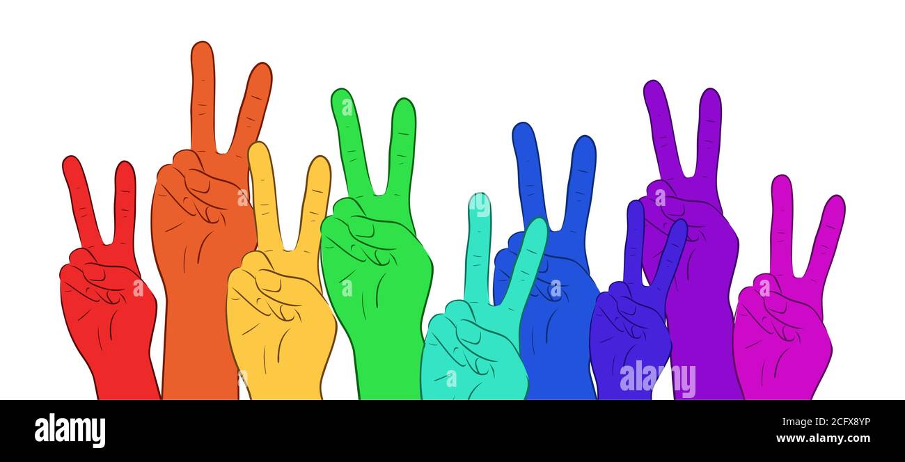 Illustration of multi colored rainbow hands, showing peace. Vector ...
