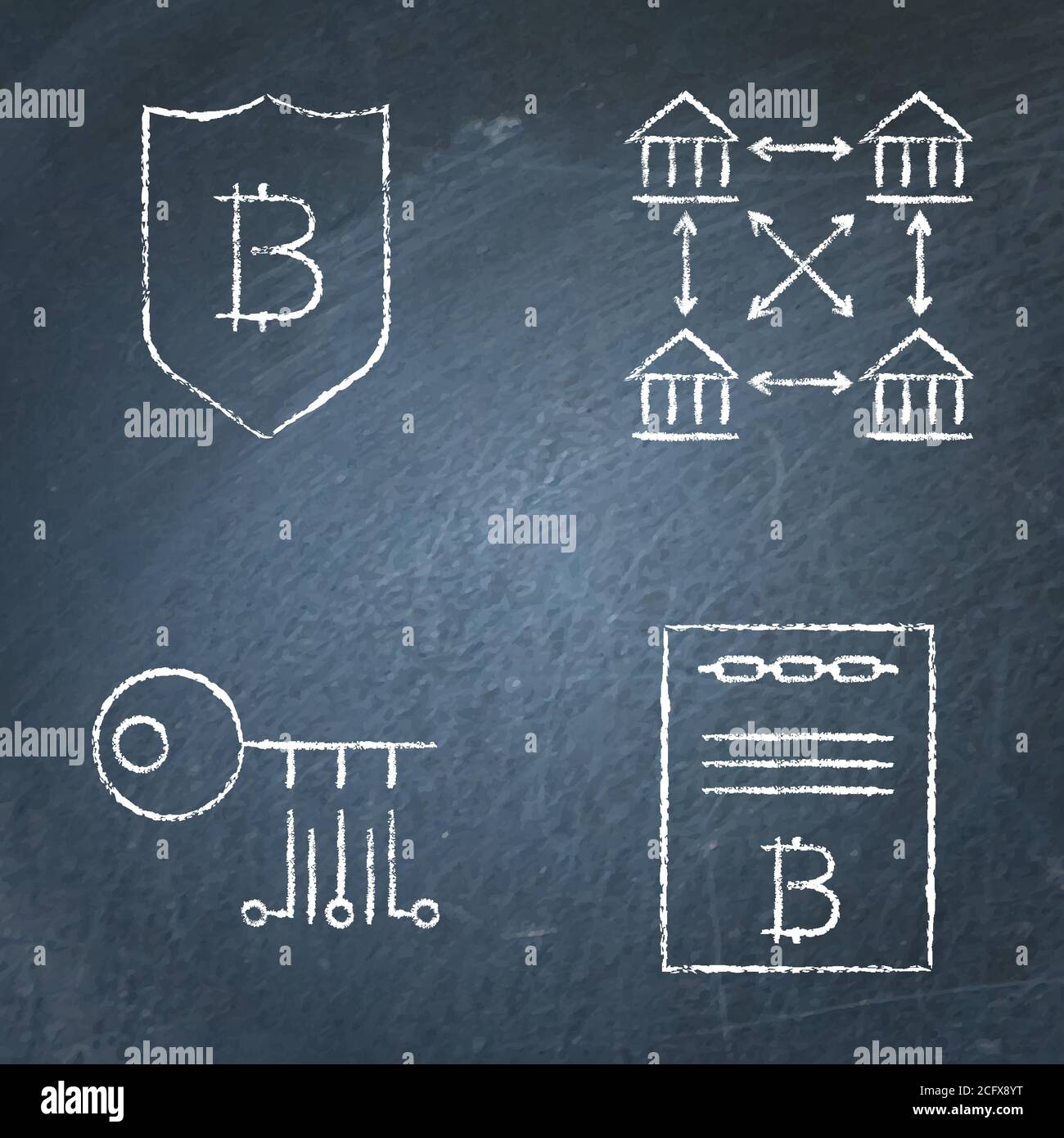 Chalkboard cryptocurrency icon set in line style. Bitcoin security, distributed ledger, digital ...