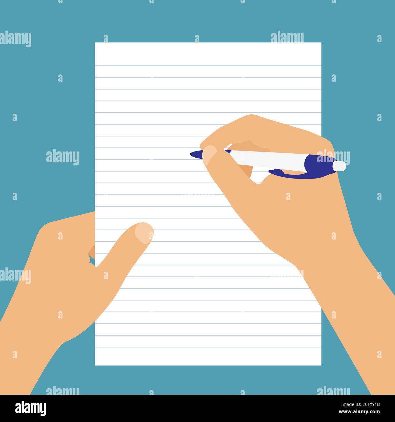 Flat design illustration of student or writer hands with pen. He writes ...