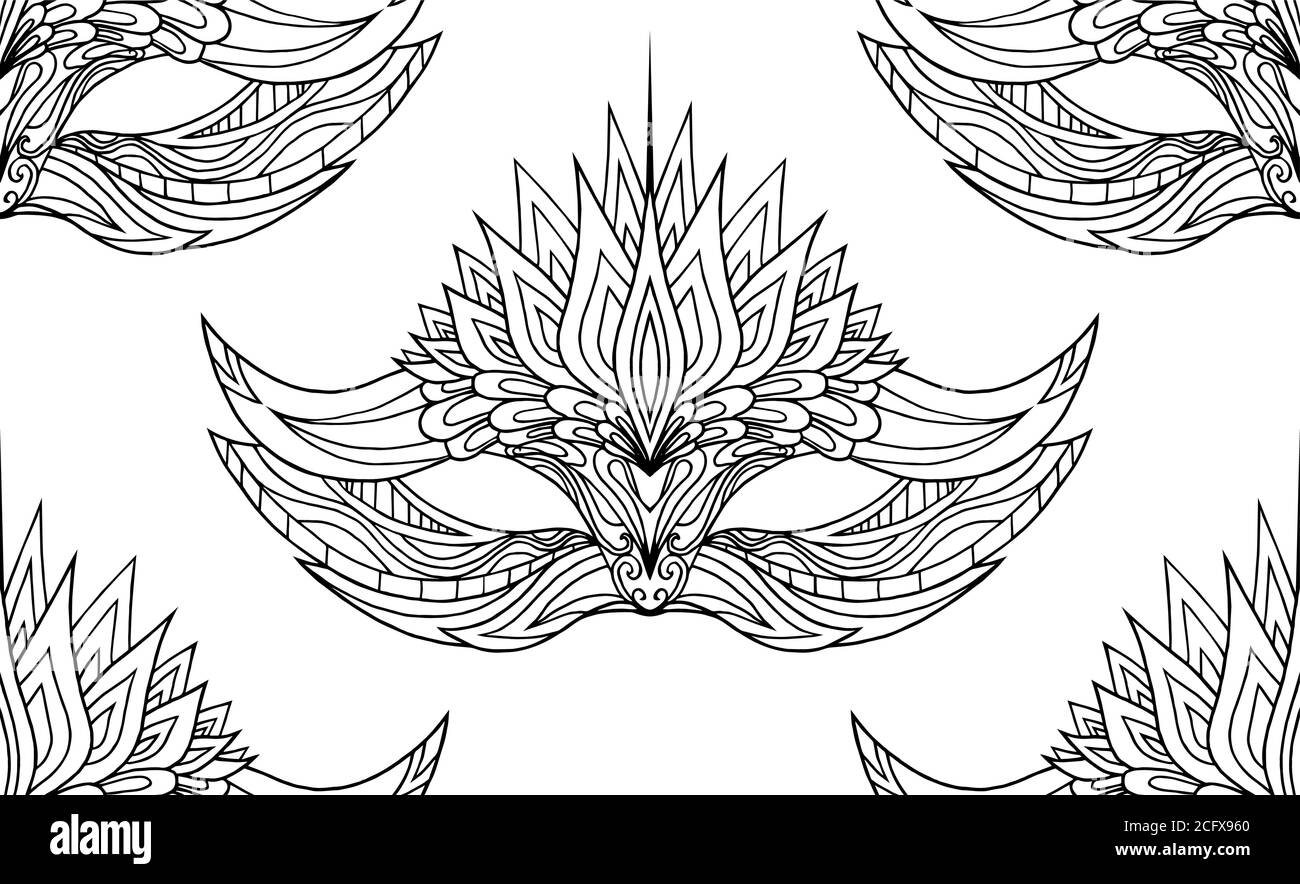 Seamless black and white texture with contour festive masks with doodle ...