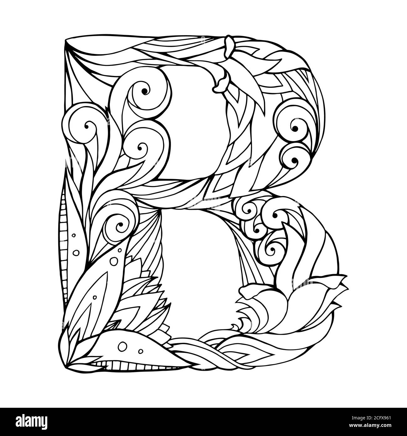 Black and white freehand drawing capital letter B with floral doodle ...