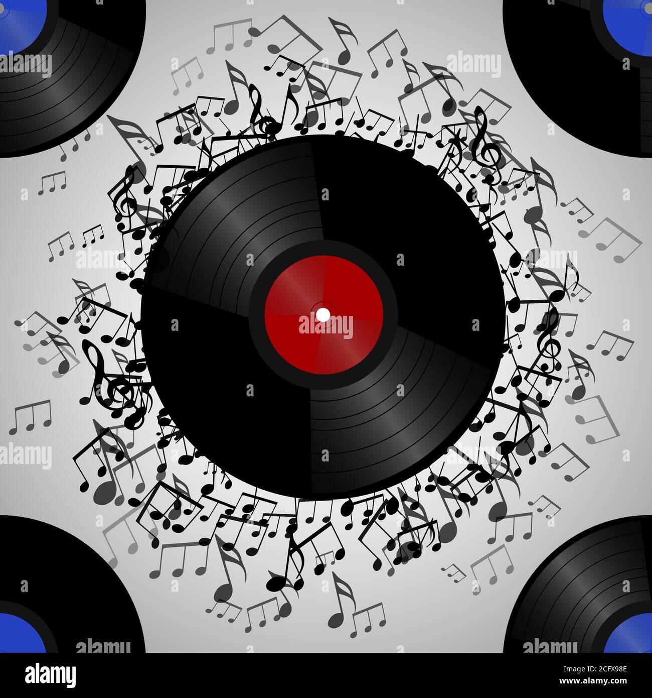 Seamless texture with a vinyl record and music notes. Vector musical ...