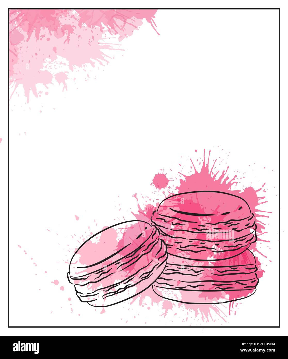 Delicate card with contour drawing of macaroon and pink watercolor ...