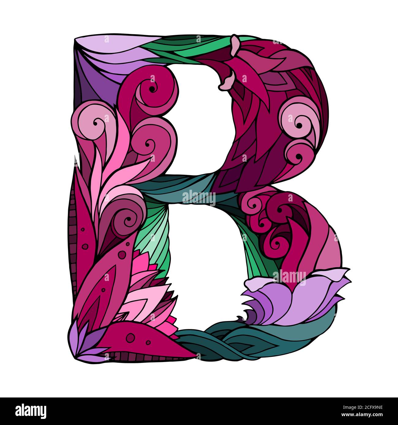 Freehand drawing capital letter B with floral doodle pattern. Vector ...