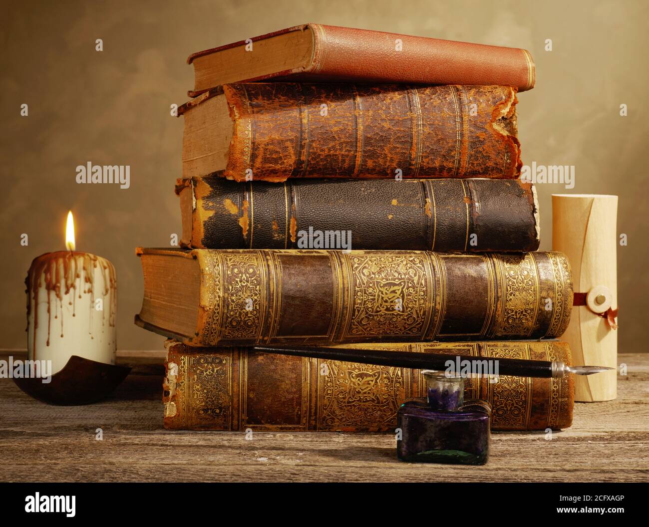 Antique books and writing instruments Stock Photo - Alamy