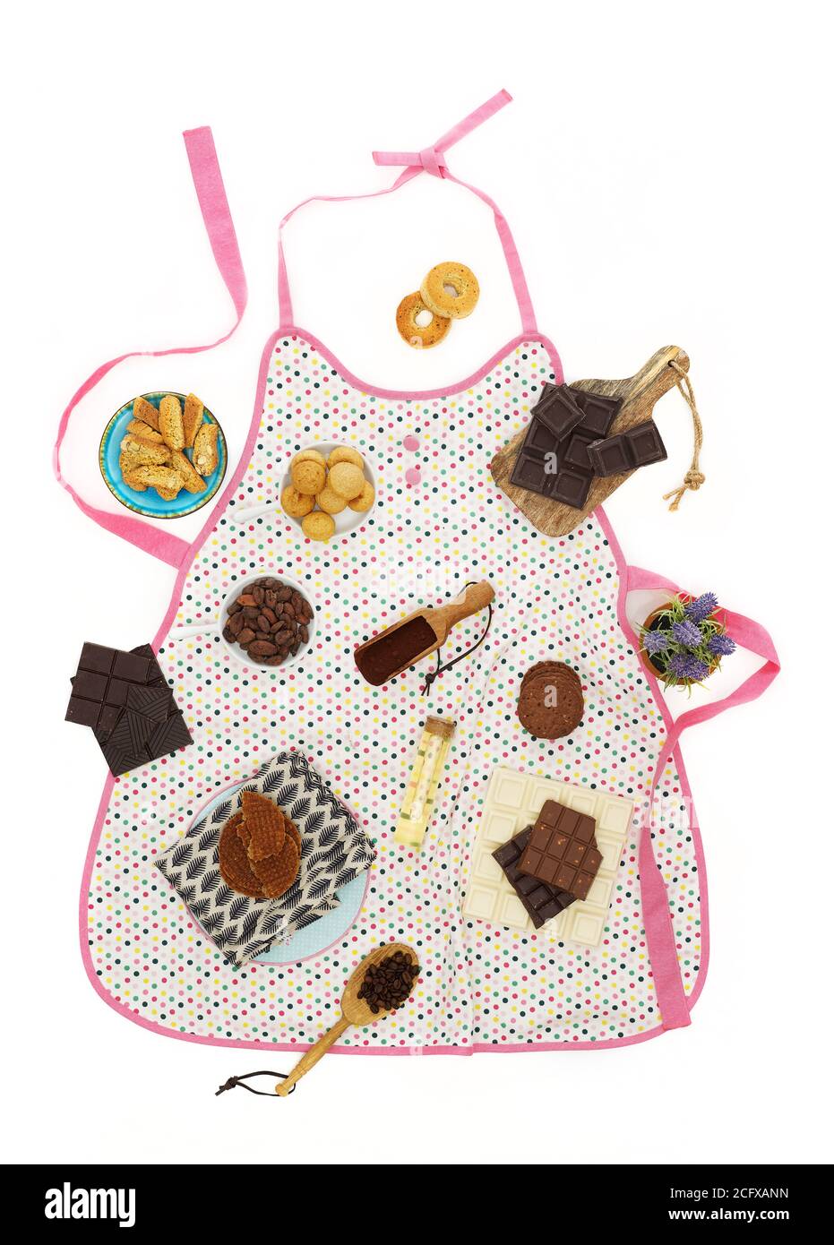 Kitchen apron with baking ingredients, white background Stock Photo - Alamy