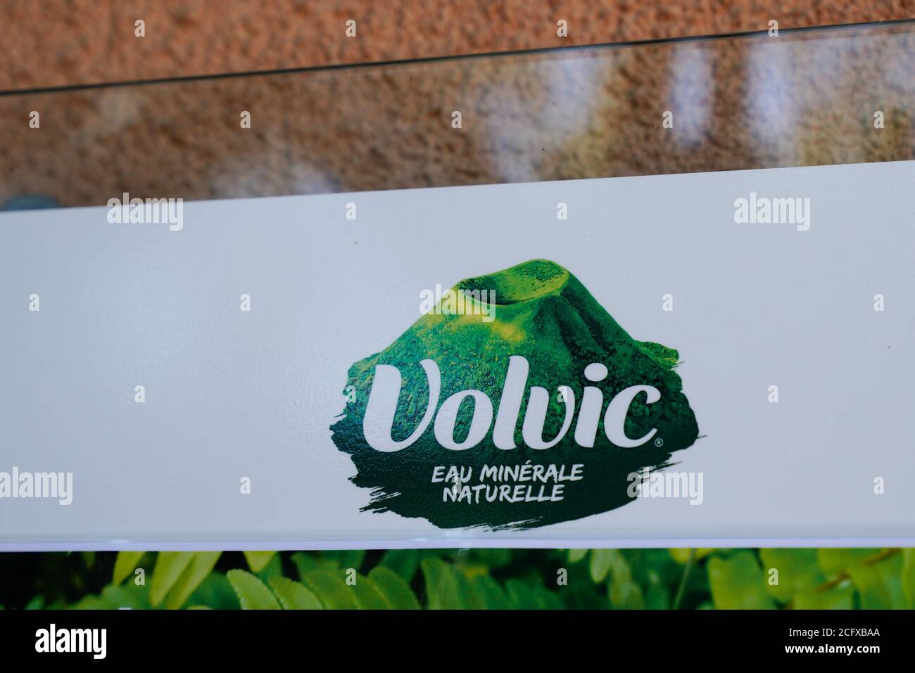 Volvic , Auvergne / France - 09 01 2020 : volvic sign and text logo on ...