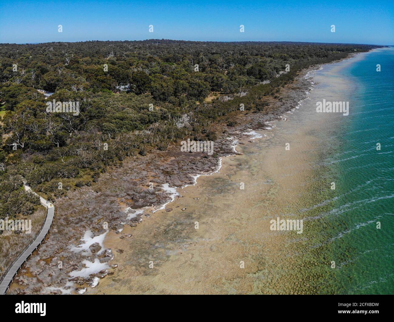 Aerial photograph above the shore and boardwalk Lake Clifton in Western ...