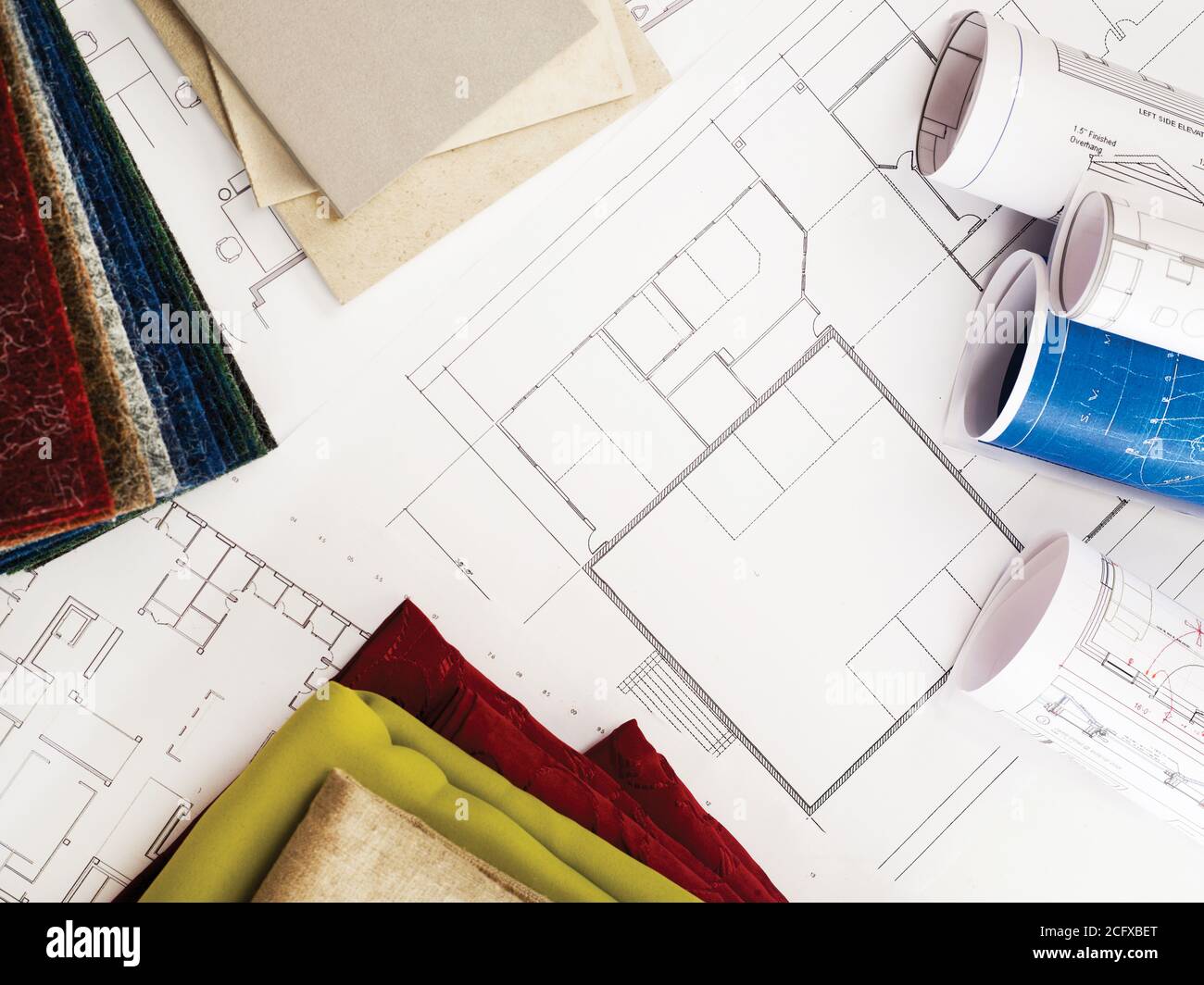 Blueprints, wood,material and stone samples Stock Photo - Alamy