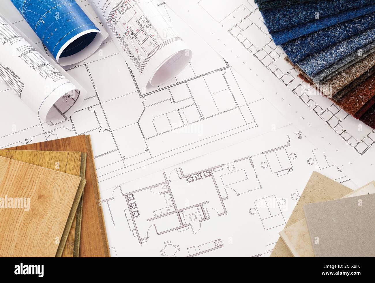 Blueprints, wood,material and stone samples Stock Photo - Alamy