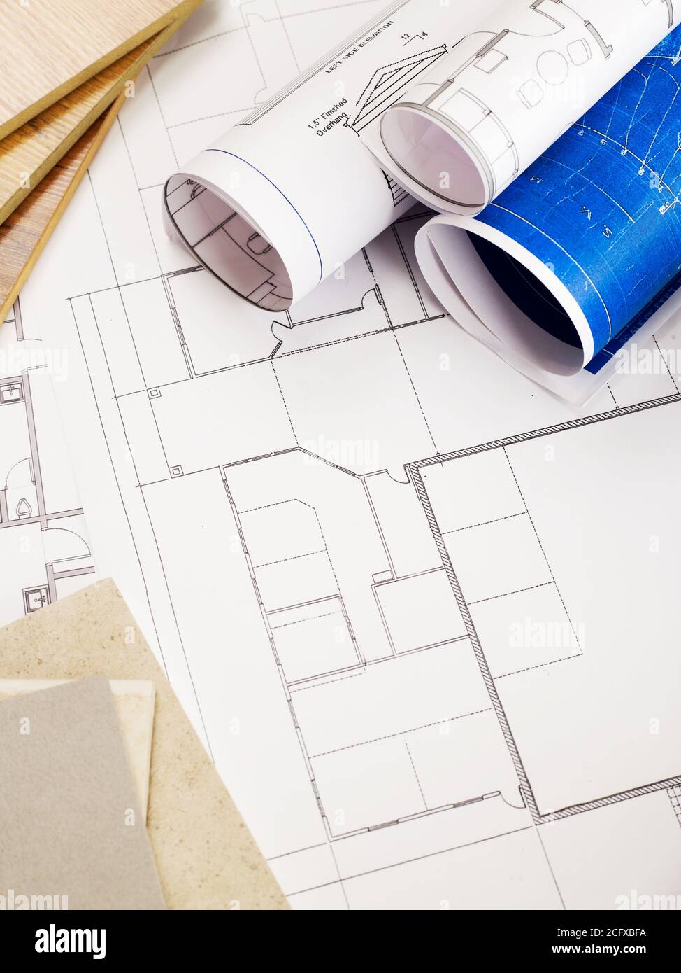 Blueprints and construction materials Stock Photo - Alamy