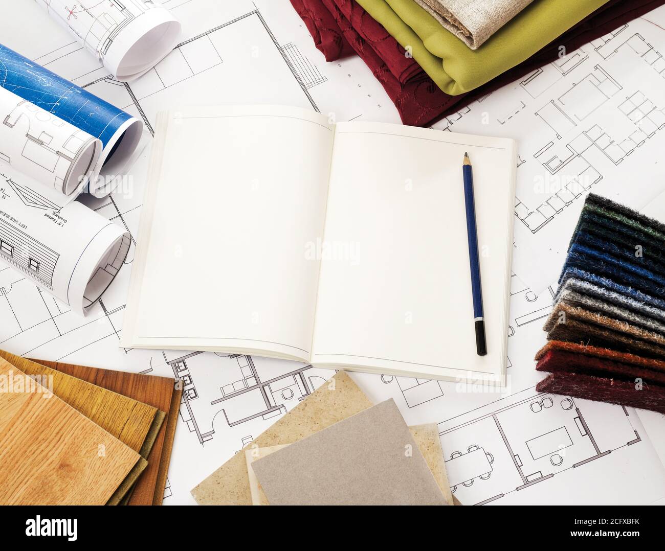 Open notepad, blueprints, wood, material and stone samples Stock Photo ...