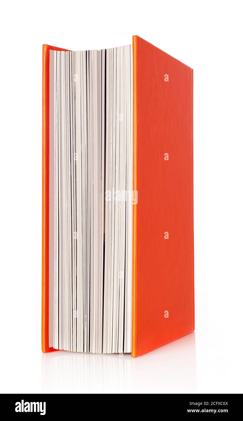 Book pages inside a orange book, white background Stock Photo - Alamy