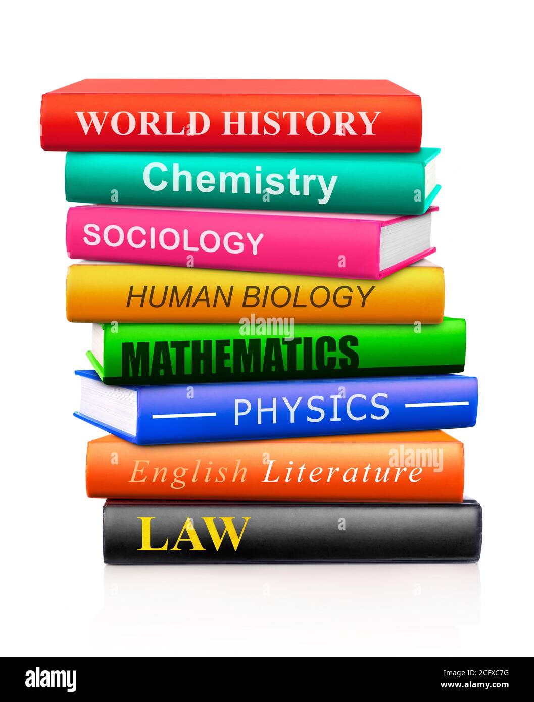 Multi-colored stack of books, white background Stock Photo - Alamy