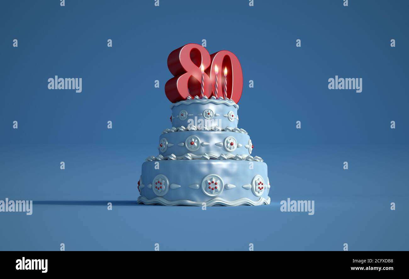 3D rendering of a big blue birthday cake with a big number eighty on ...