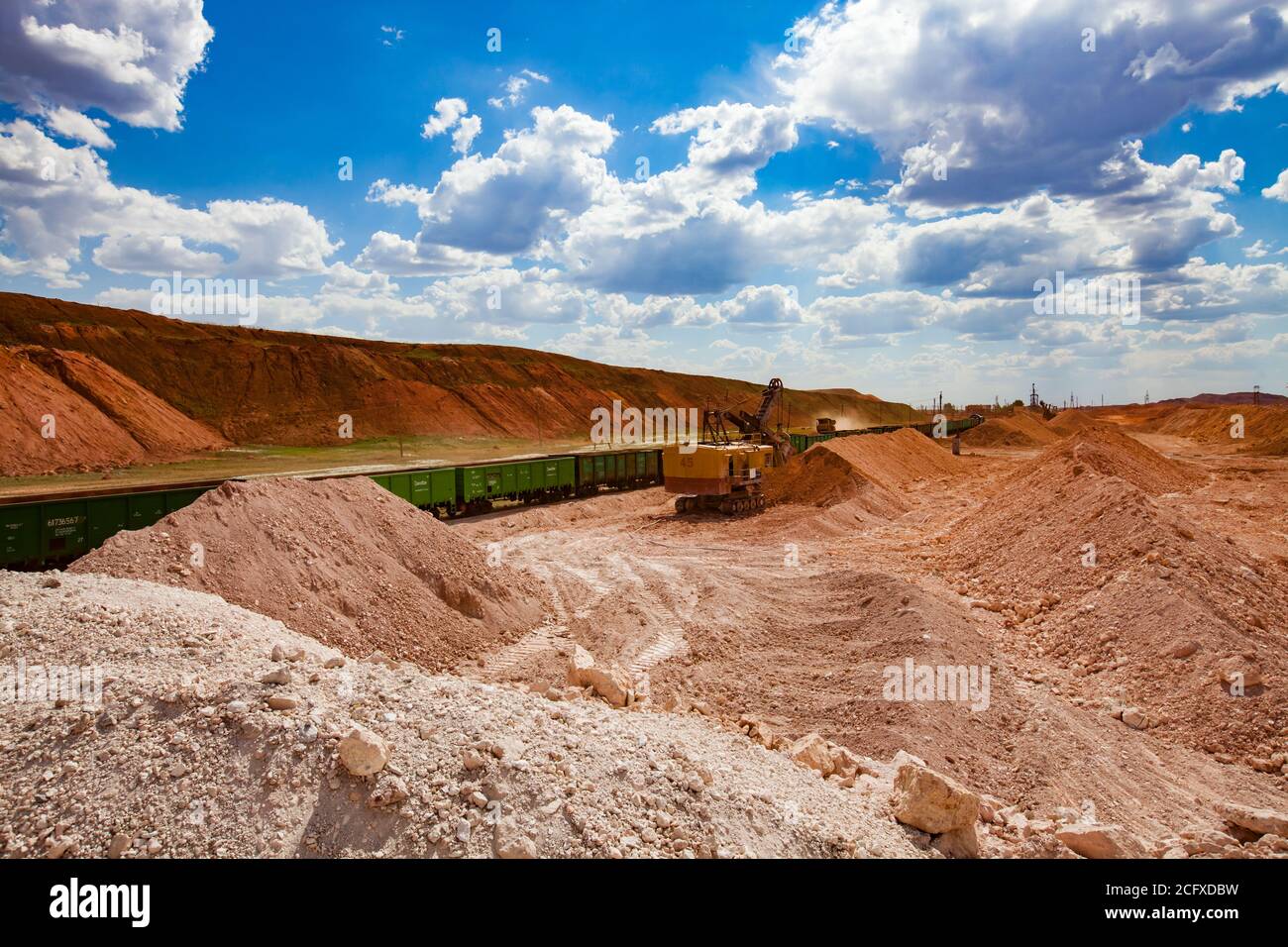 Aluminium ore mining and transporting. Bauxite clay open-cut mining ...