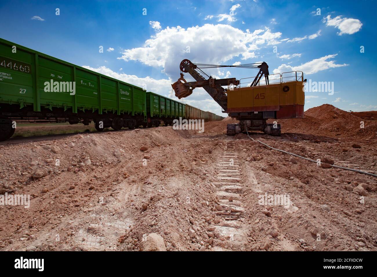 Aluminium ore mining and transporting. Bauxite clay. Open-cut mining ...