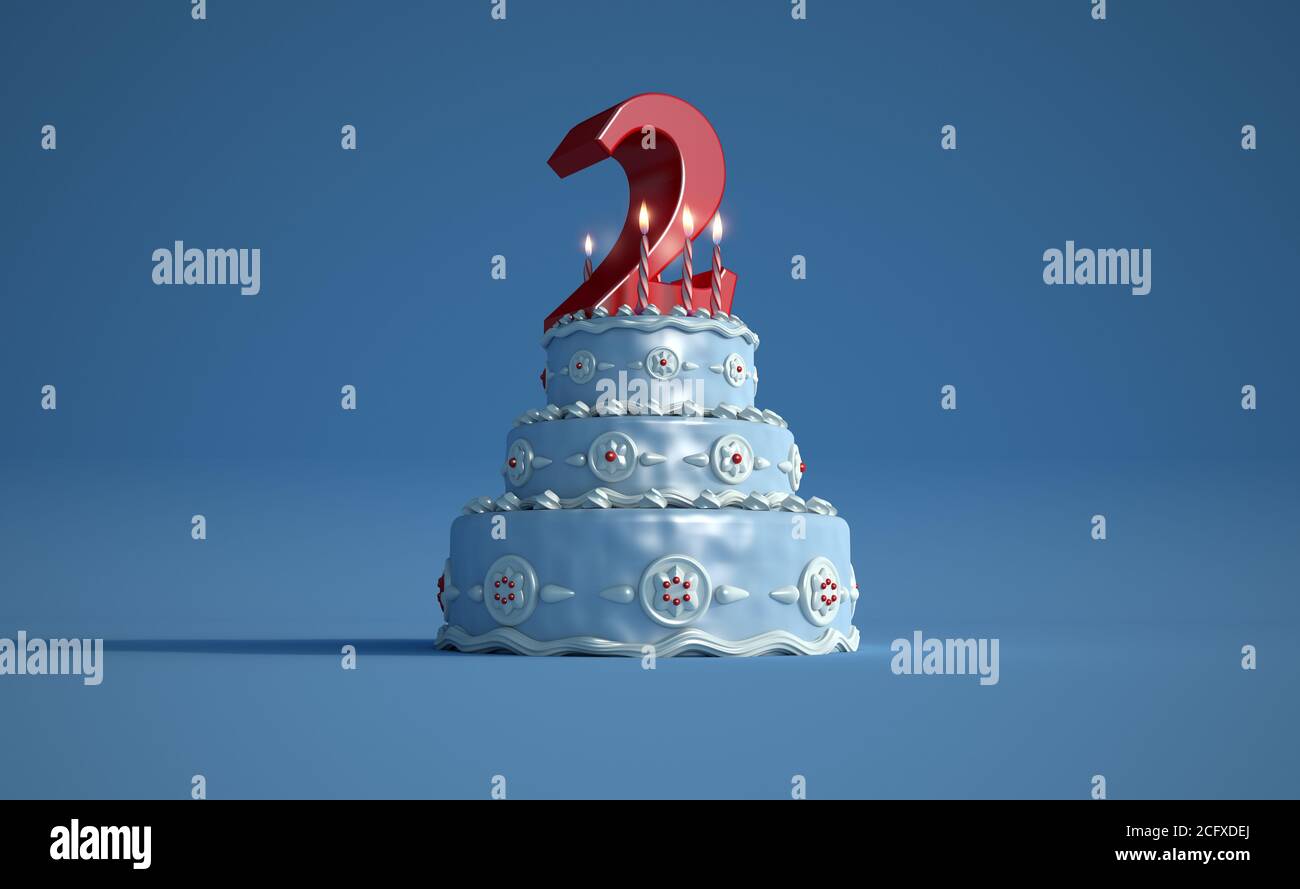 3D rendering of a big blue birthday cake with a big number two on top ...