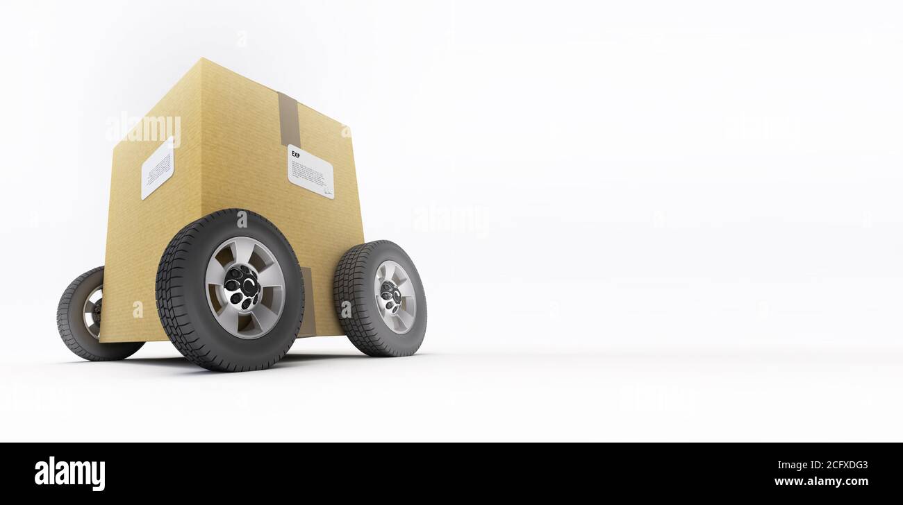 3D rendering of a cardboard box on wheels on a white background Stock ...