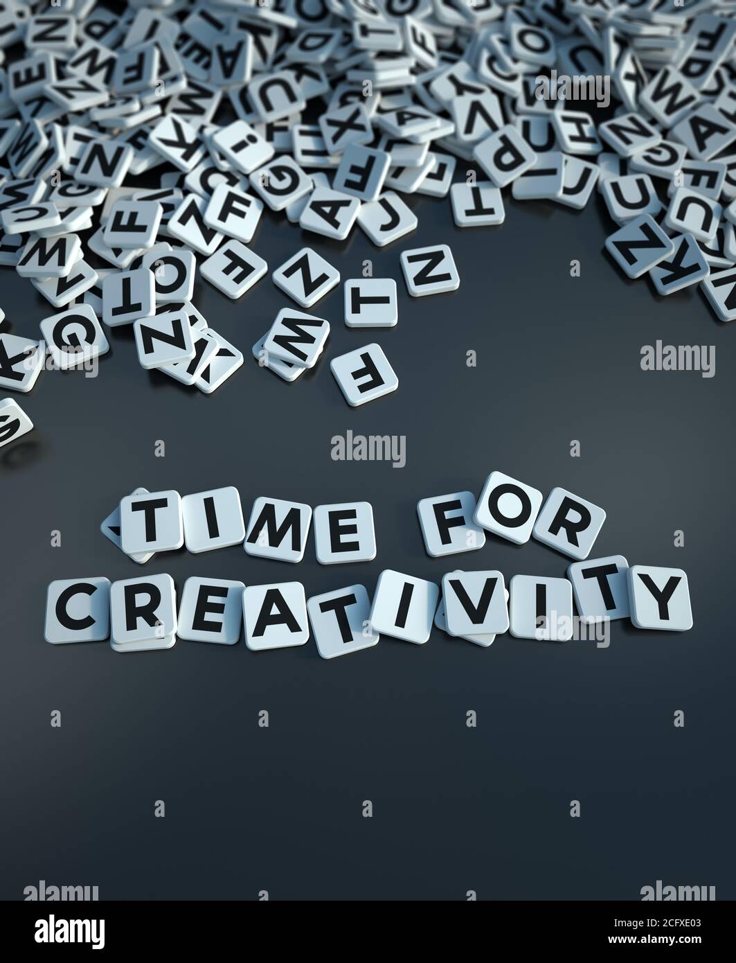 3D rendering of the words time for creativity writen in letter tiles ...