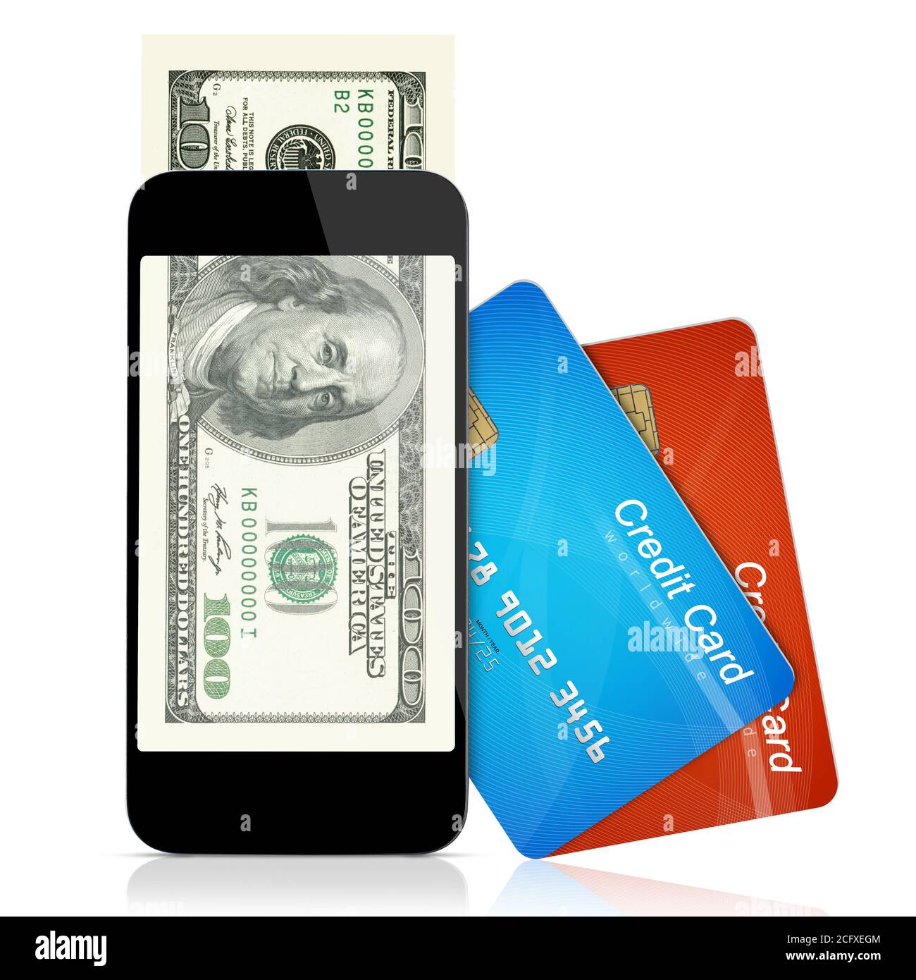 Credit cards, dollars and mobile phone isolated on white Stock Photo ...