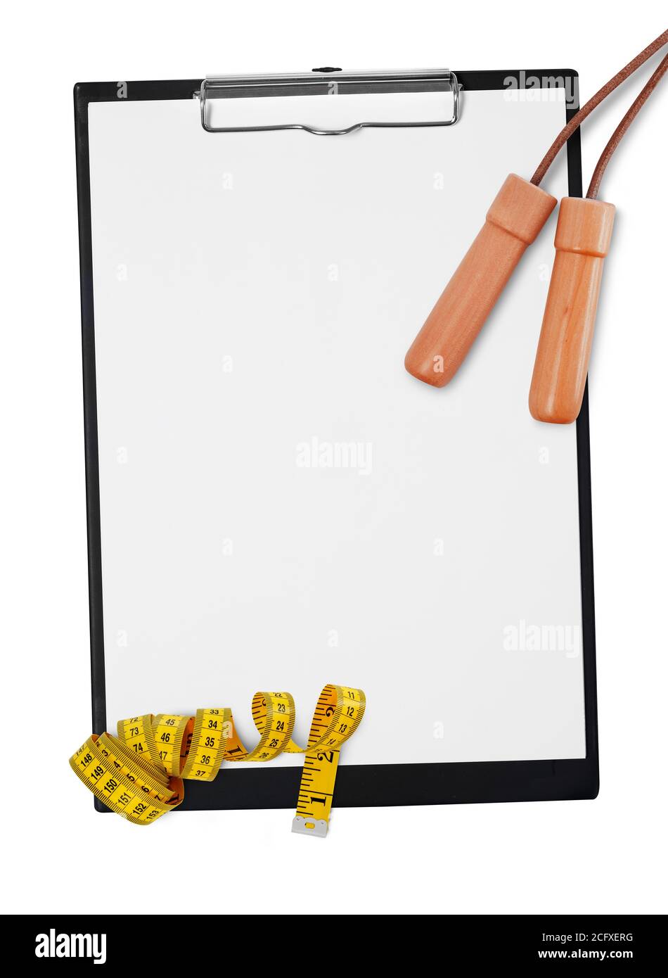 Clipboard with jump rope and tape measure Stock Photo - Alamy