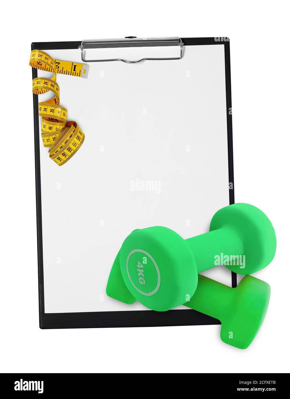 Clipboard with hand weight and tape measure Stock Photo - Alamy