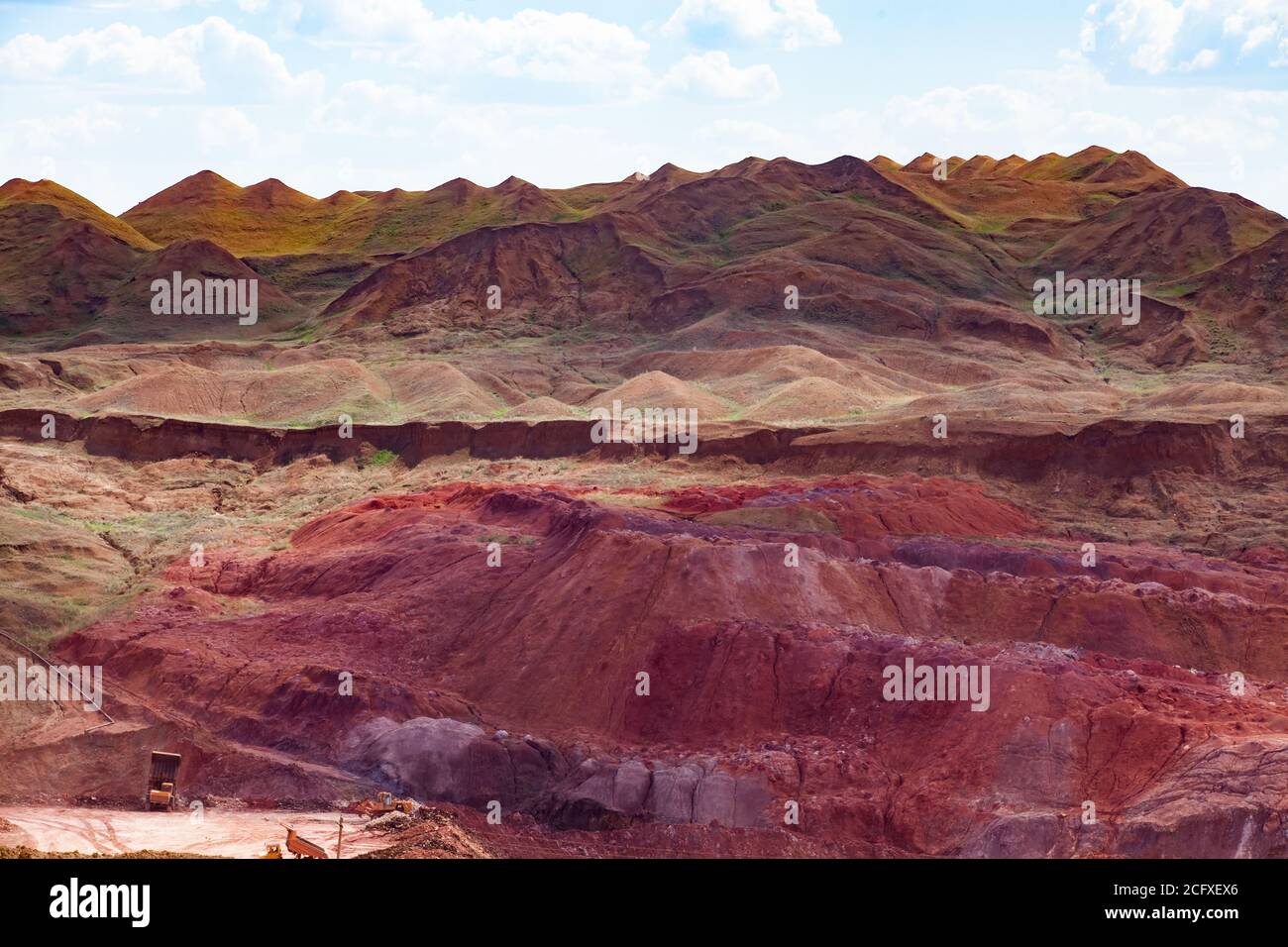 The mountains in color aluminium ore quarry and empty rocks. Bauxite ...