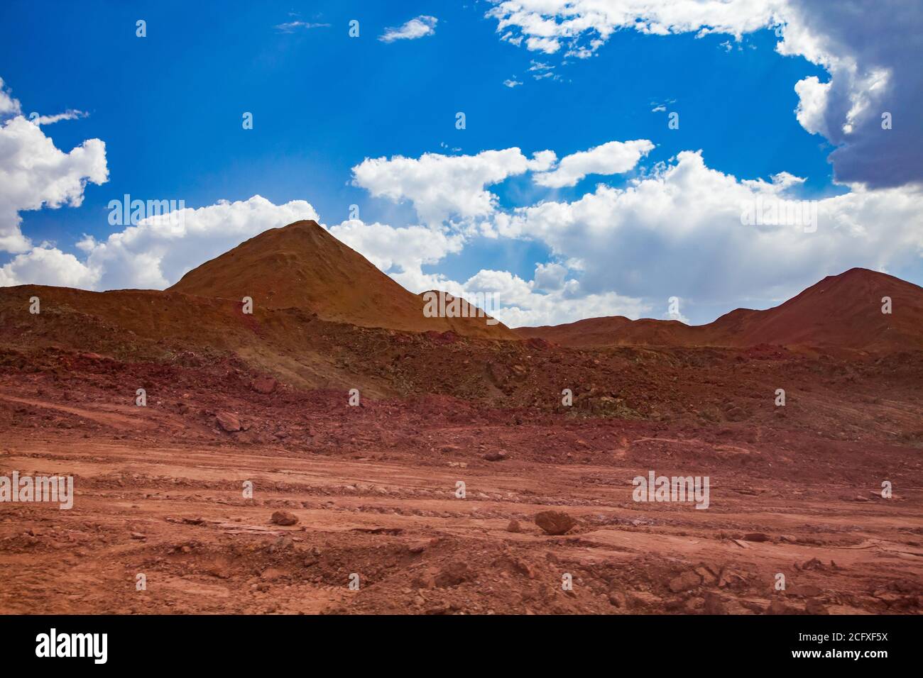 Aluminium ore quarry. Bauxite clay open-cut mining. Heaps of empty ...