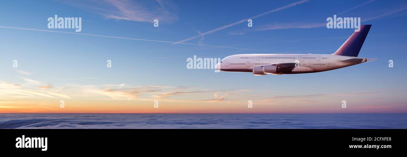 Huge two-storey passengers commercial airplane flying above clouds in ...