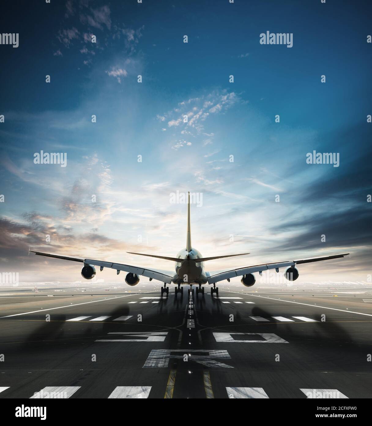 Huge two storeys commercial jetliner taking of runway. Modern and ...