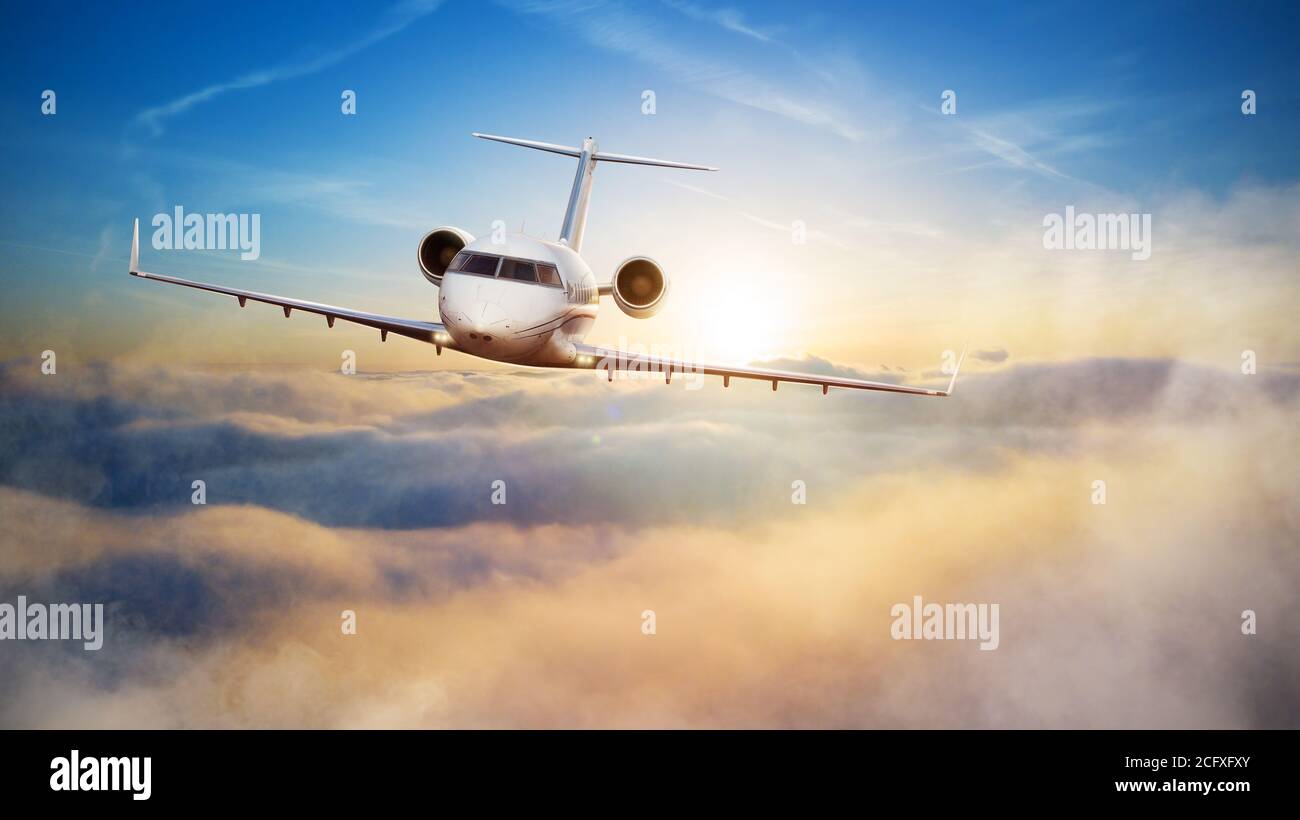 Luxury private jetliner flying above clouds. Modern and fastest mode of ...